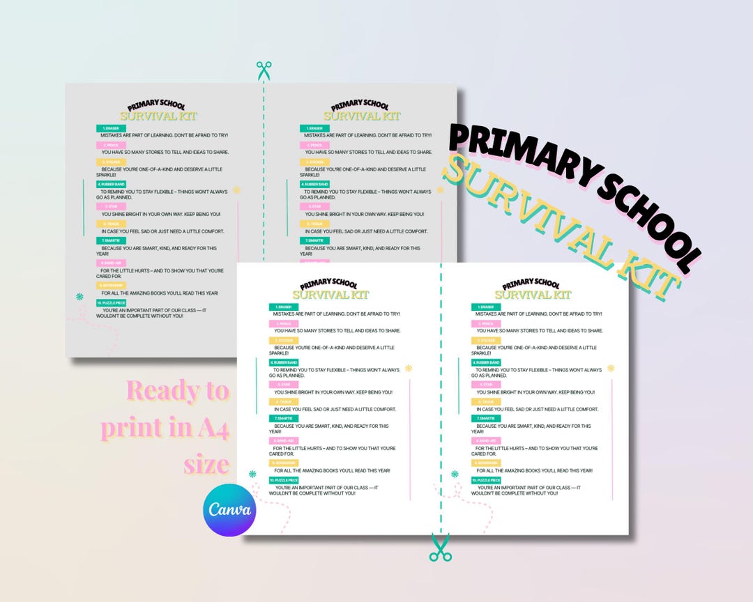 Back to School Printable Primary School Survival Kit A4 Sheet Gift for ...