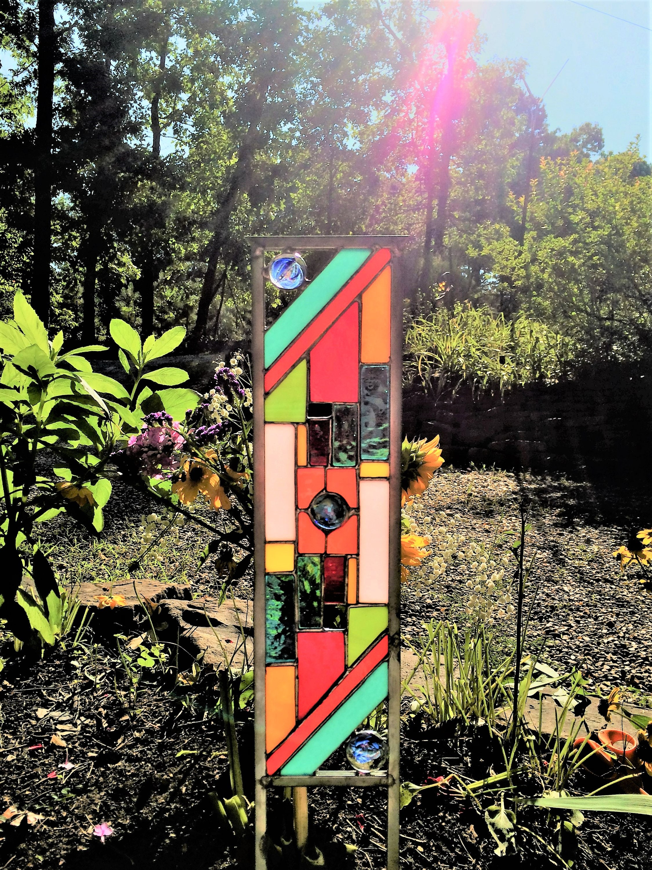 Stained Glass Garden Art Glass Garden Yard Art Garden Etsy