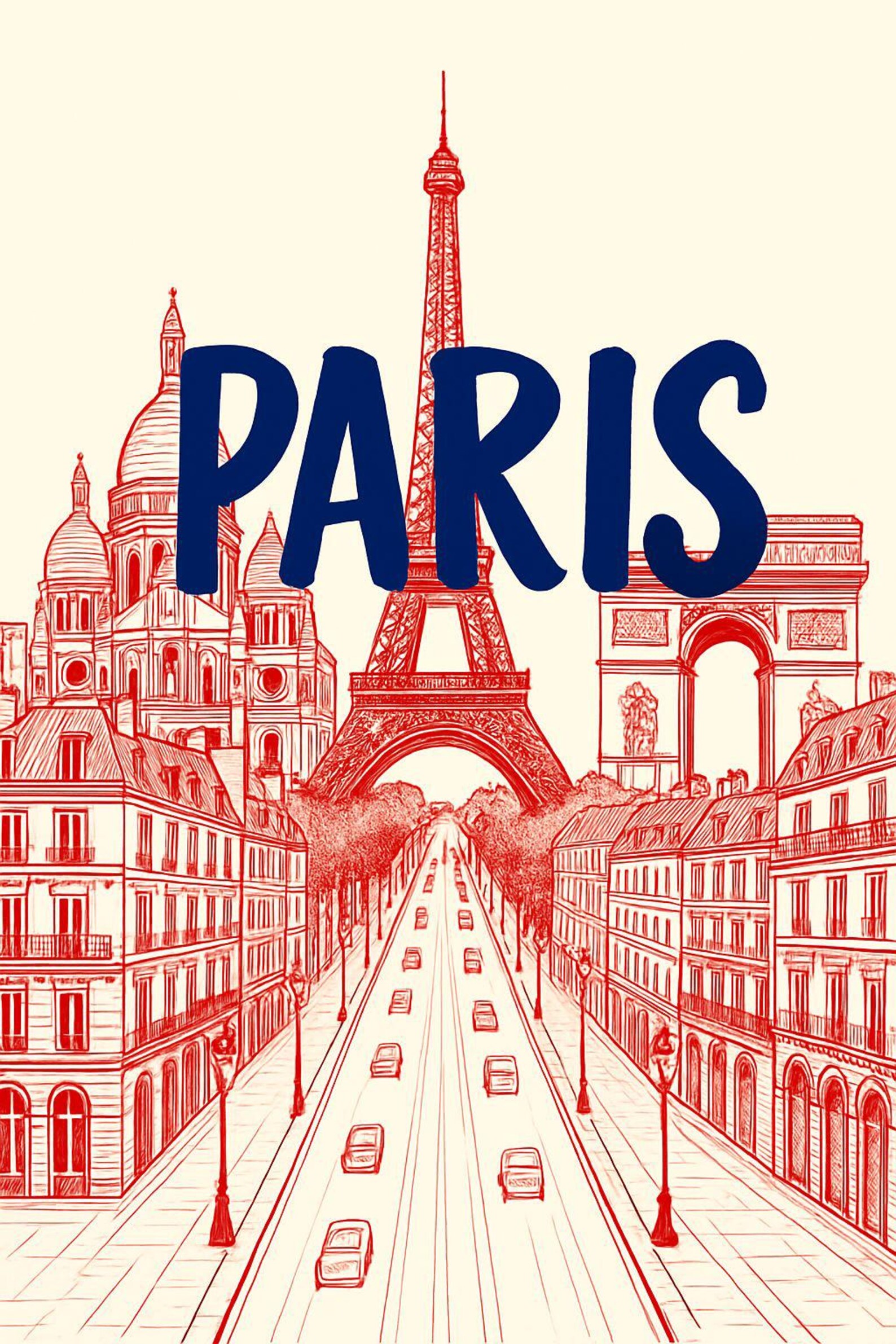 Paris Wall Art Print – Hand-drawn Red Line Art of Eiffel Tower, Arc De ...