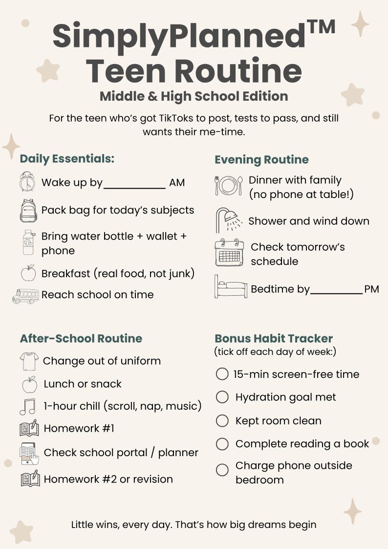 Teen Routine Chart – Editable Printable for Middle and Secondary School ...