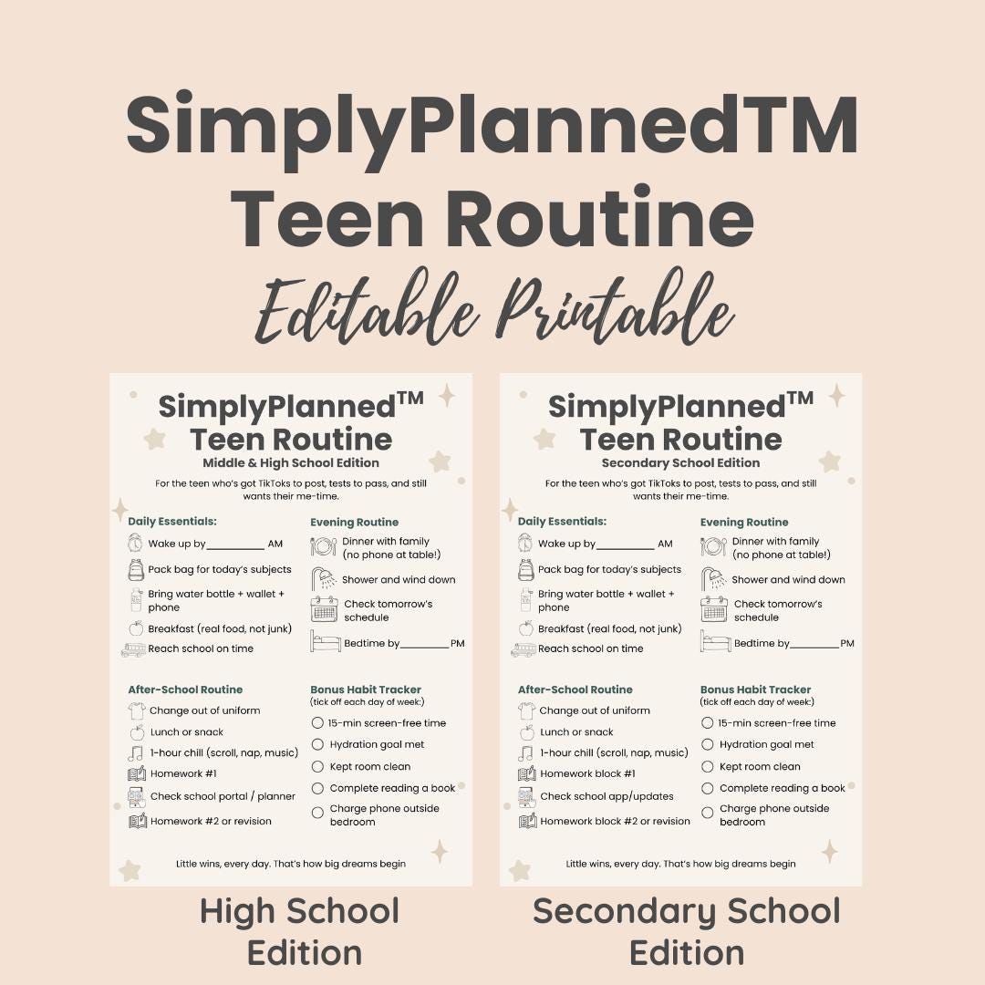 Teen Routine Chart – Editable Printable for Middle and Secondary School ...