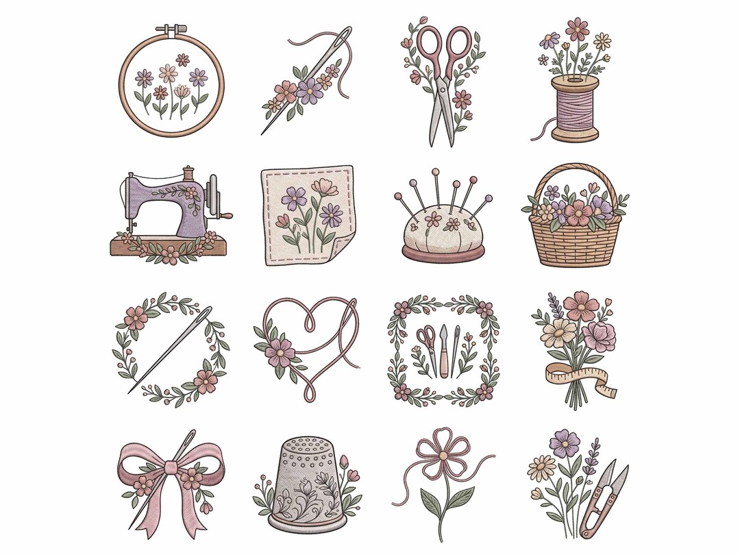 Vintage Sewing Embroidery Design Bundle, Floral Scissors Needle Thimble ...