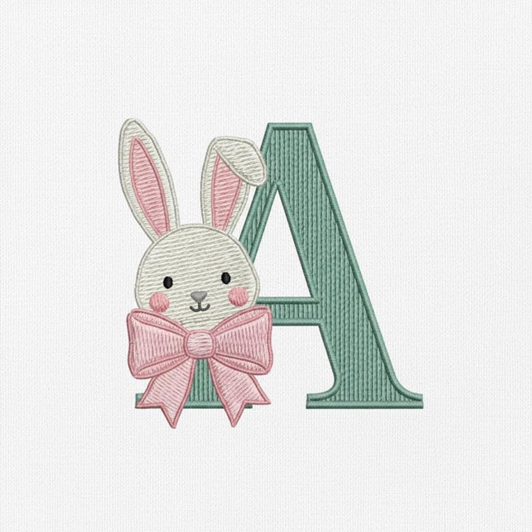 Custom Easter Alphabet Embroidery Design With Bunny Face Pink Bow and ...