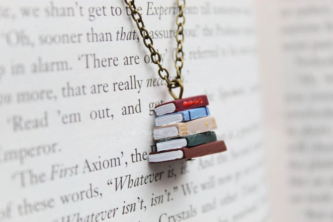 Stack of Books Necklace Tiny Pile of Books on a Bronze Chain | Etsy