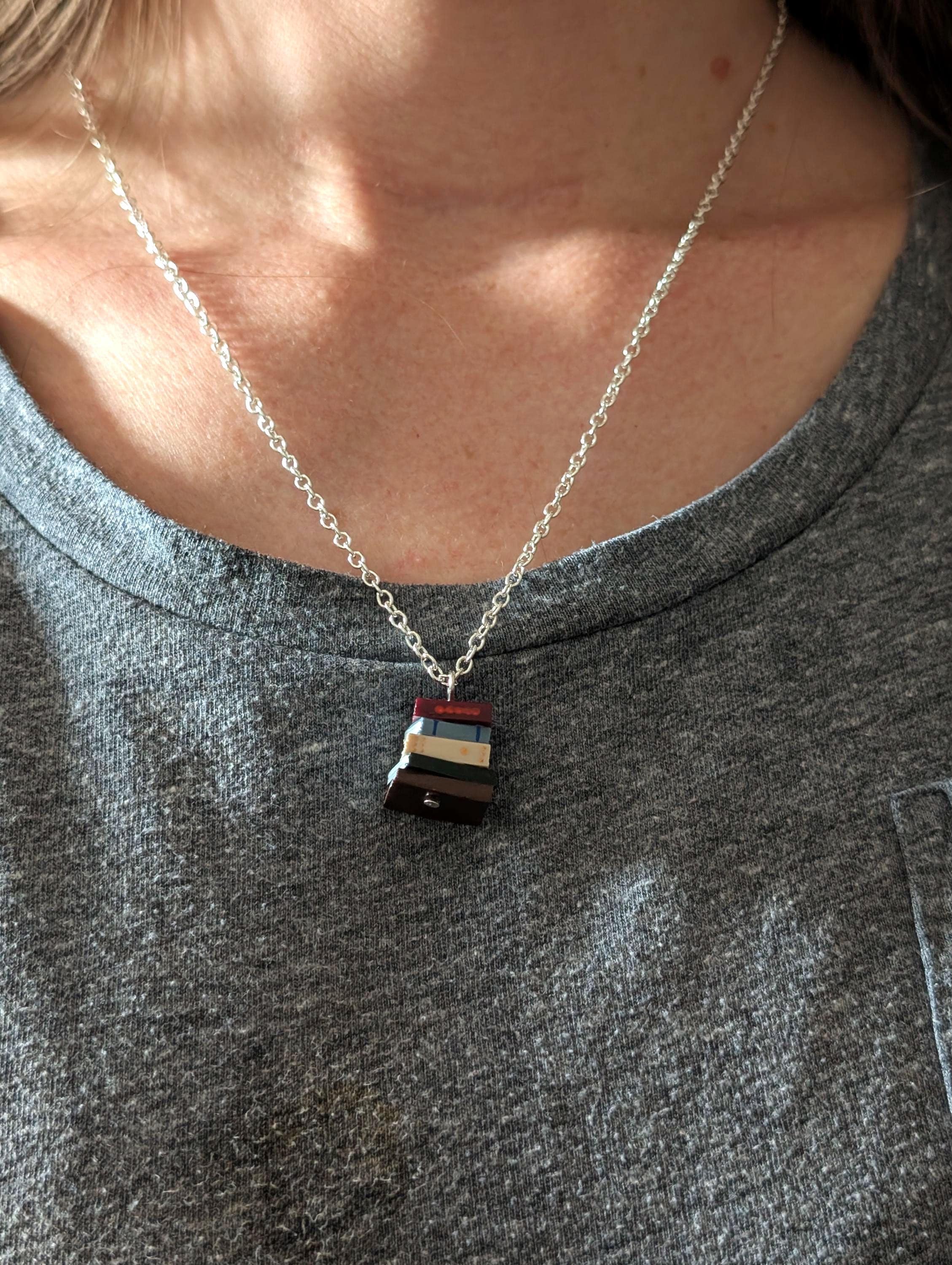 Stack of Books Necklace - Tiny Pile of Books on a Silver Chain for ...