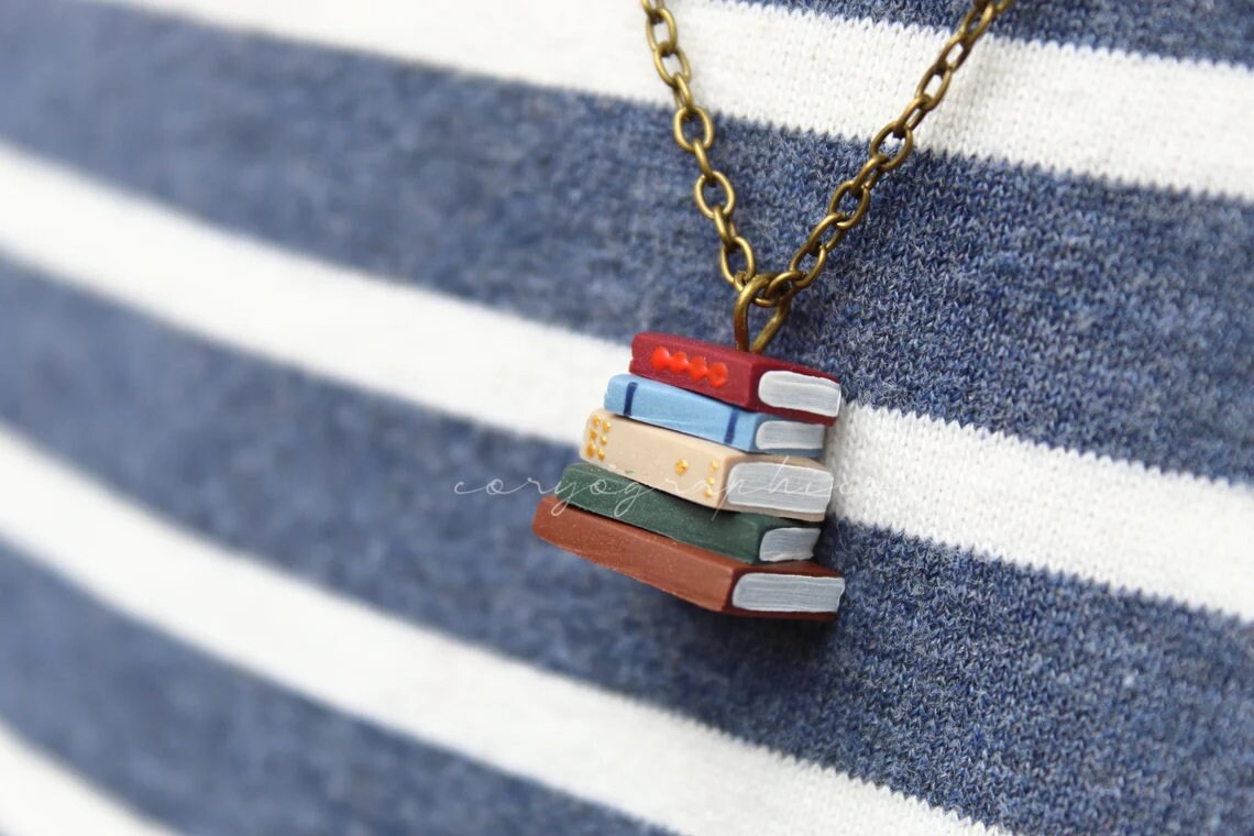 Stack of Books Necklace Tiny Pile of Books on a Bronze Chain | Etsy