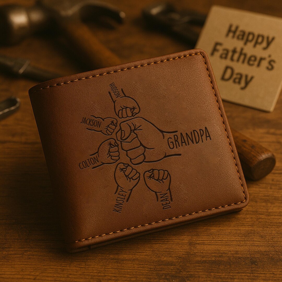 Dad Fist Bump Wallet, Custom Kids Names Wallets, Engraved Leather ...