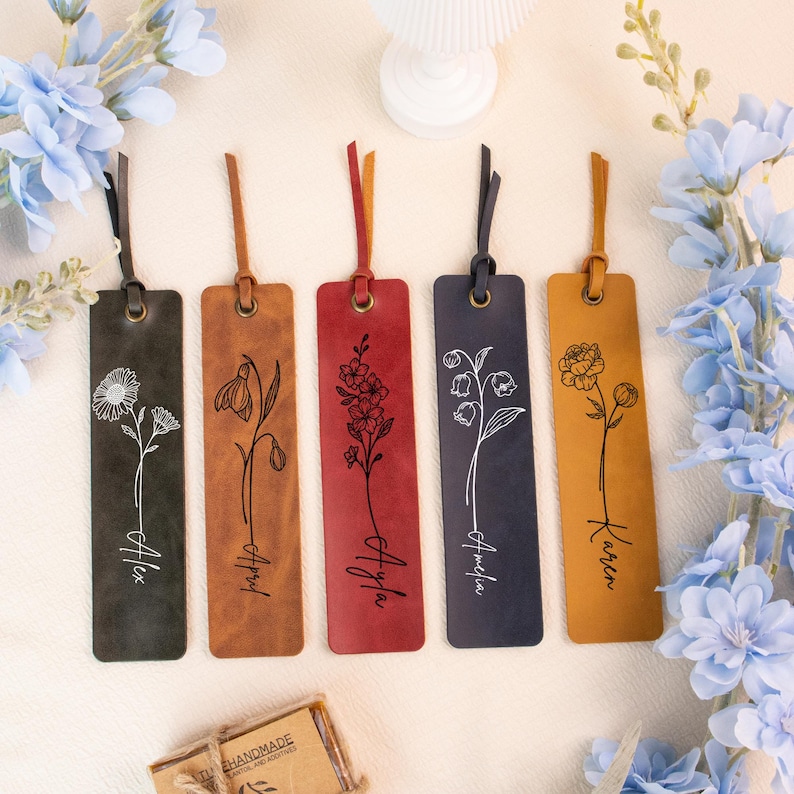 Personelized Leather Bookmark With Birth Flower, Birthday Flower ...