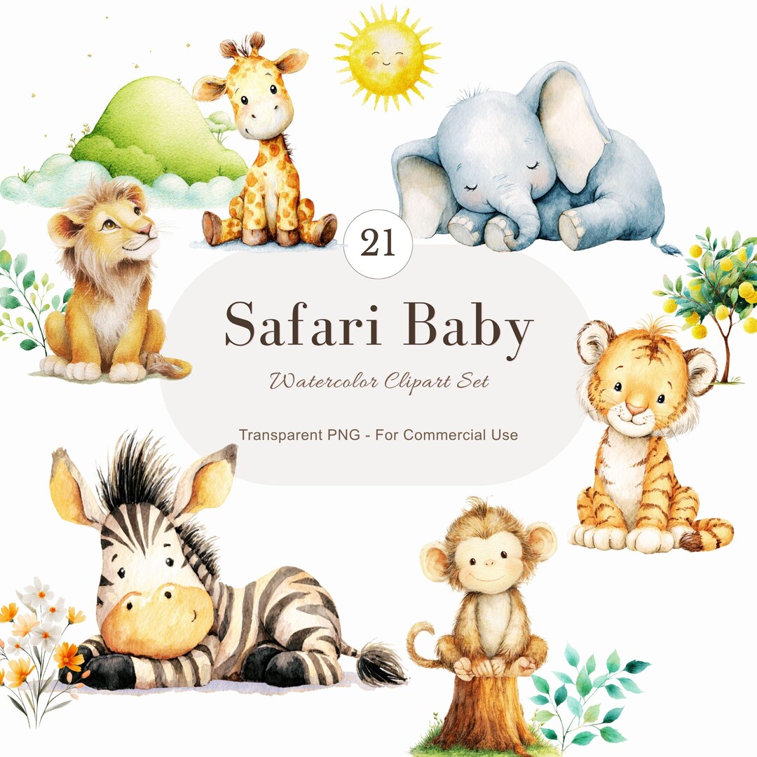Safari Baby Clipart: Watercolor Jungle Animals Nursery Art (digital ...