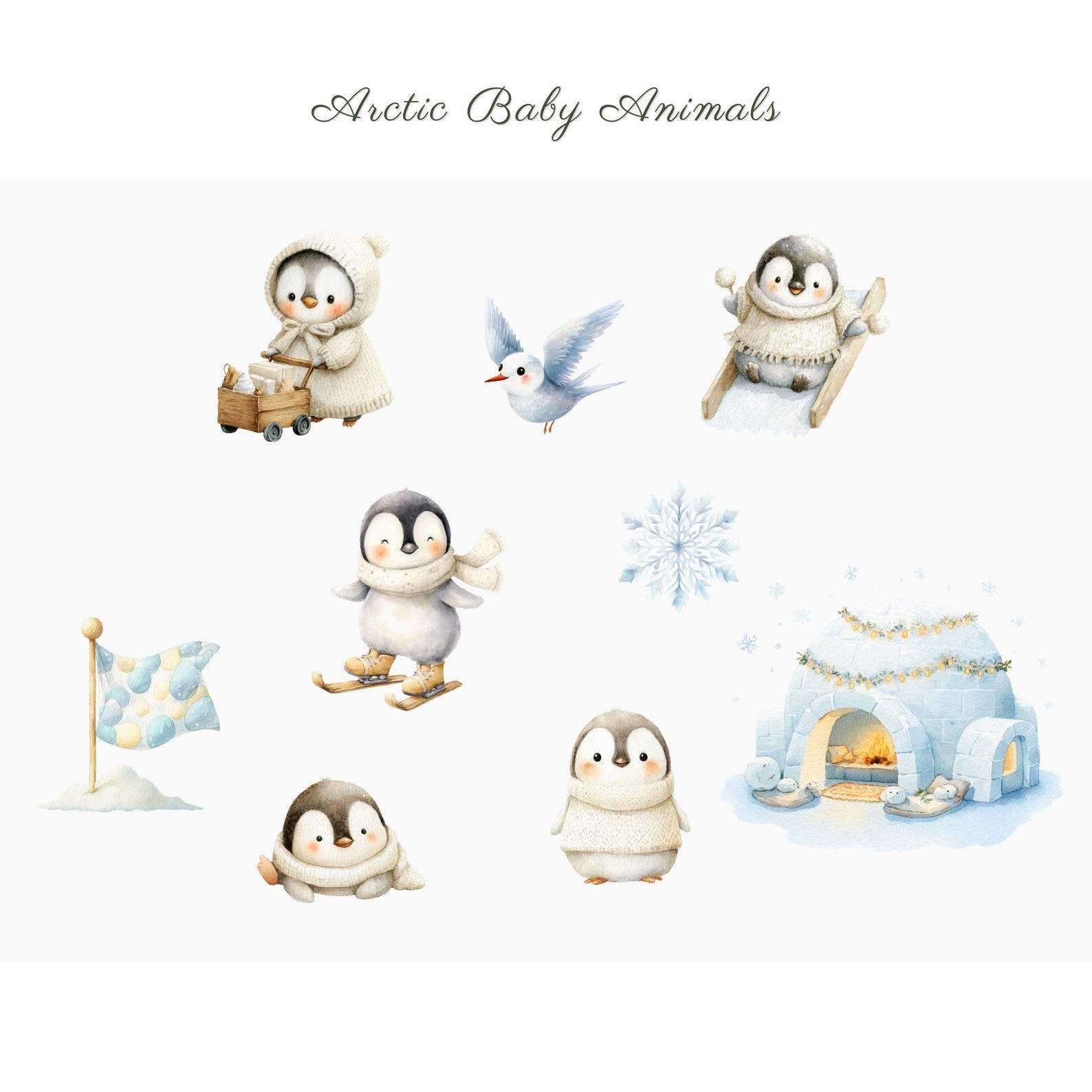 Arctic Baby Animals Clipart: Watercolor Penguin, Polar Bear PNG ...