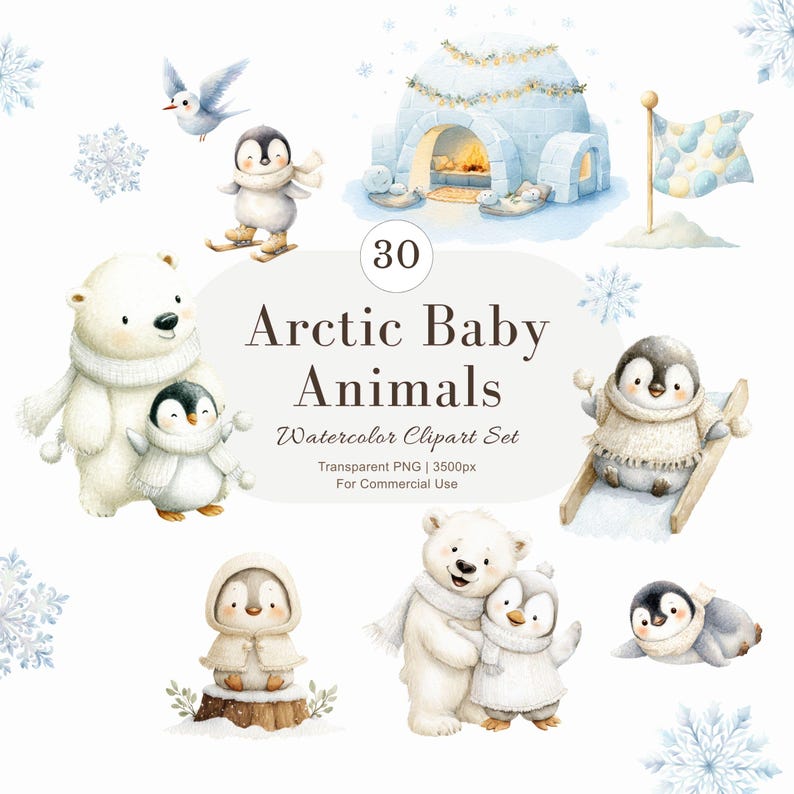 Arctic Baby Animals Clipart: Watercolor Penguin, Polar Bear PNG ...