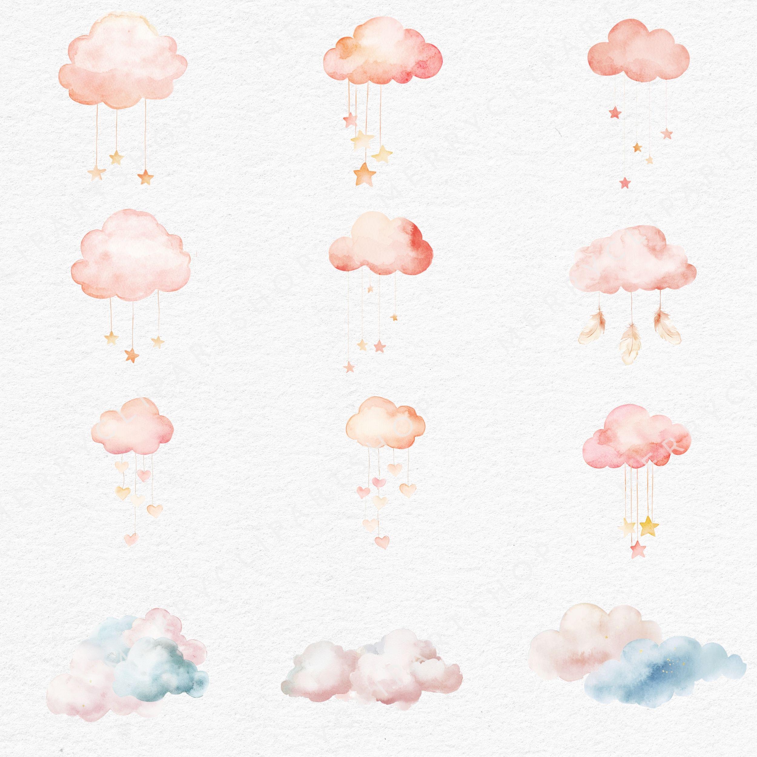 Watercolor Cloud Moon & Stars Clipart, Fairy Fantasy Night Sky ...
