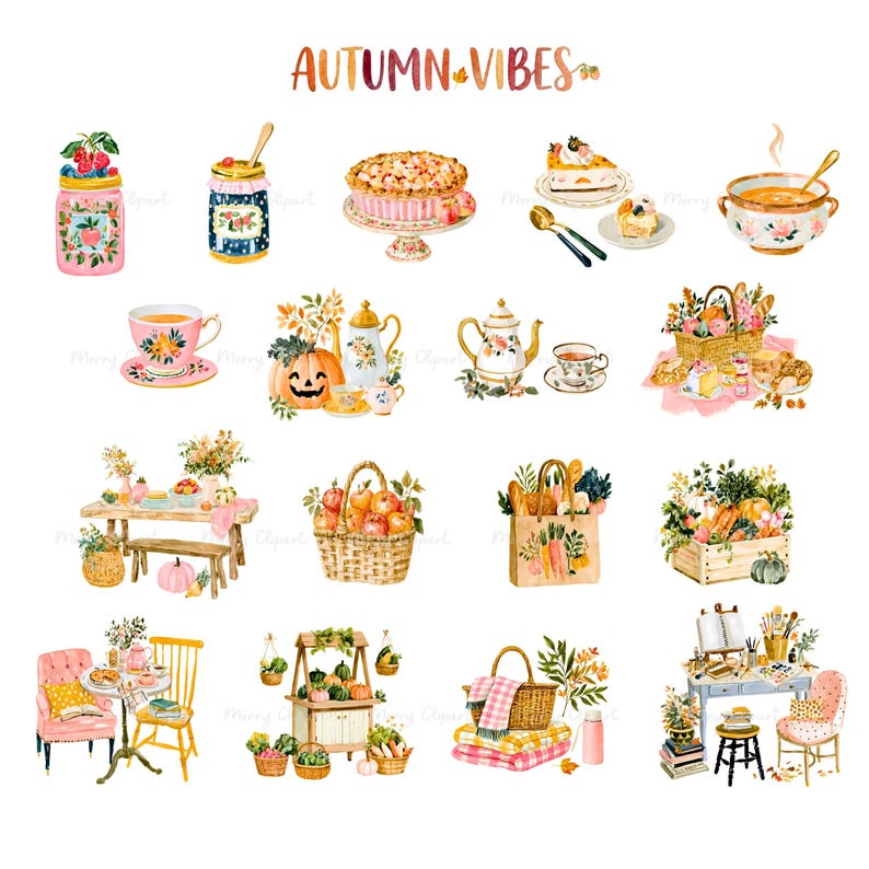 Watercolor Fall Clipart, Cozy Autumn PNG, Harvest, Autumn Market ...