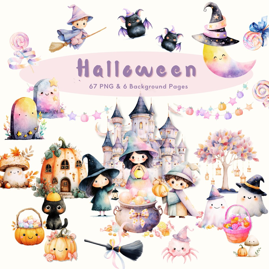 Cute Halloween Clipart, Watercolor Witch Clipart, Whimsical Ghosts ...