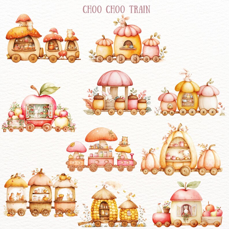 Autumn Train Clipart Set: Cute Animals & Mushrooms, Choo Choo Train ...