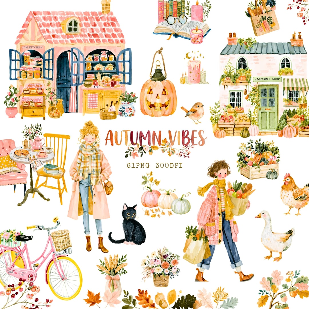 Watercolor Fall Clipart, Cozy Autumn PNG, Harvest, Autumn Market ...