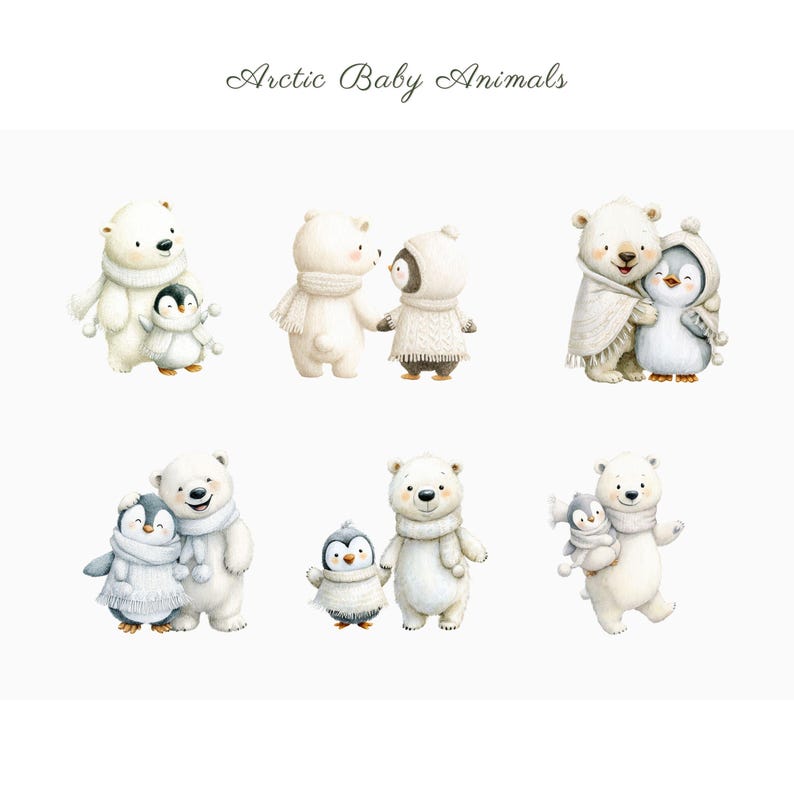 Arctic Baby Animals Clipart: Watercolor Penguin, Polar Bear PNG ...