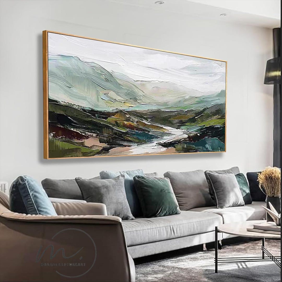 3D Mountain Oil Painting on Canvas: Minimalist Green Landscape Art ...
