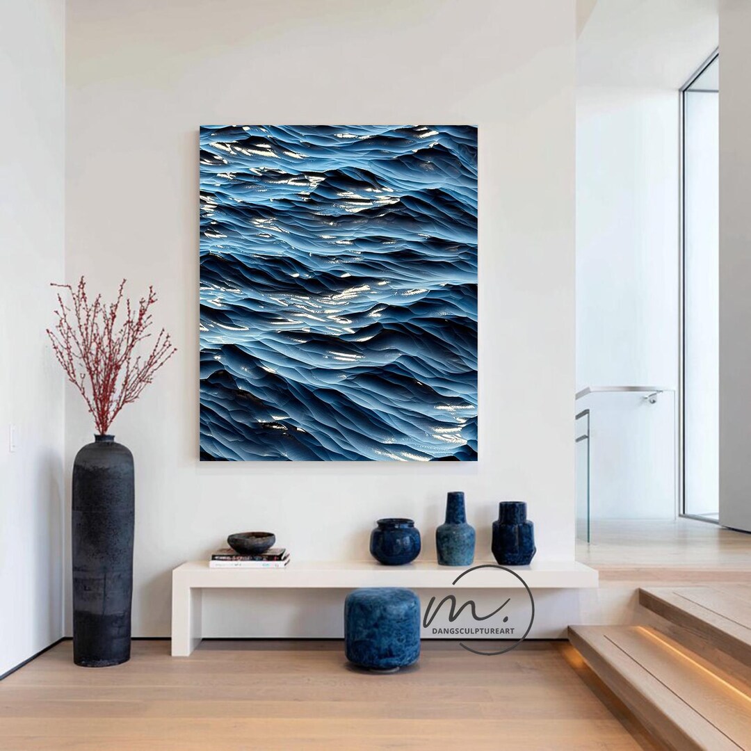 Large Blue Wave Texture Wood Carving 3D Blue Woodcraft Sculpture ...