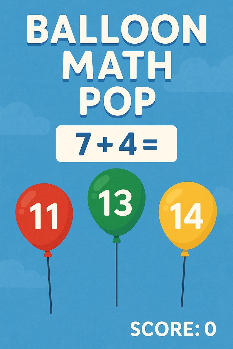 Balloon Math Pop Game – Digital Download Addition Game for Kids – Fun ...