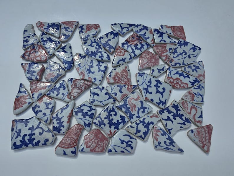 Broken Ceramic Mosaic Tile - Red and Blue on White Background. 500g (1 ...