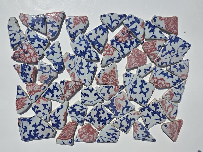 Broken Ceramic Mosaic Tile - Red and Blue on White Background. 500g (1 ...