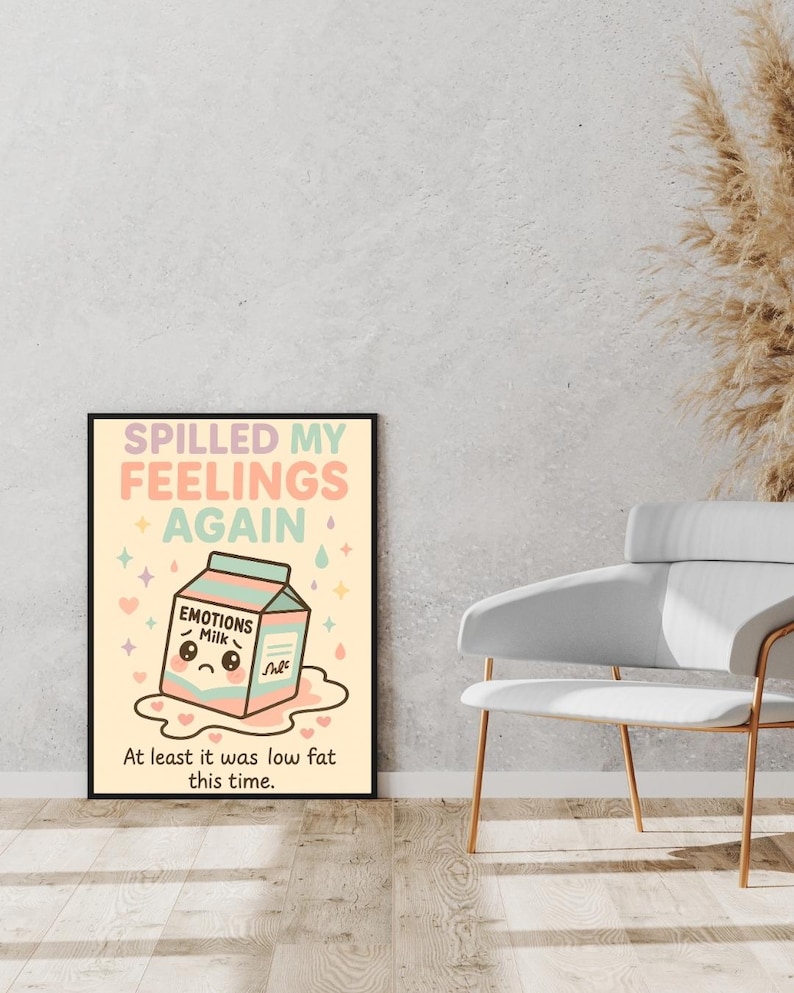 Spilled Feelings Kawaii Poster – Emotional Milk Art Print – Pastel ...