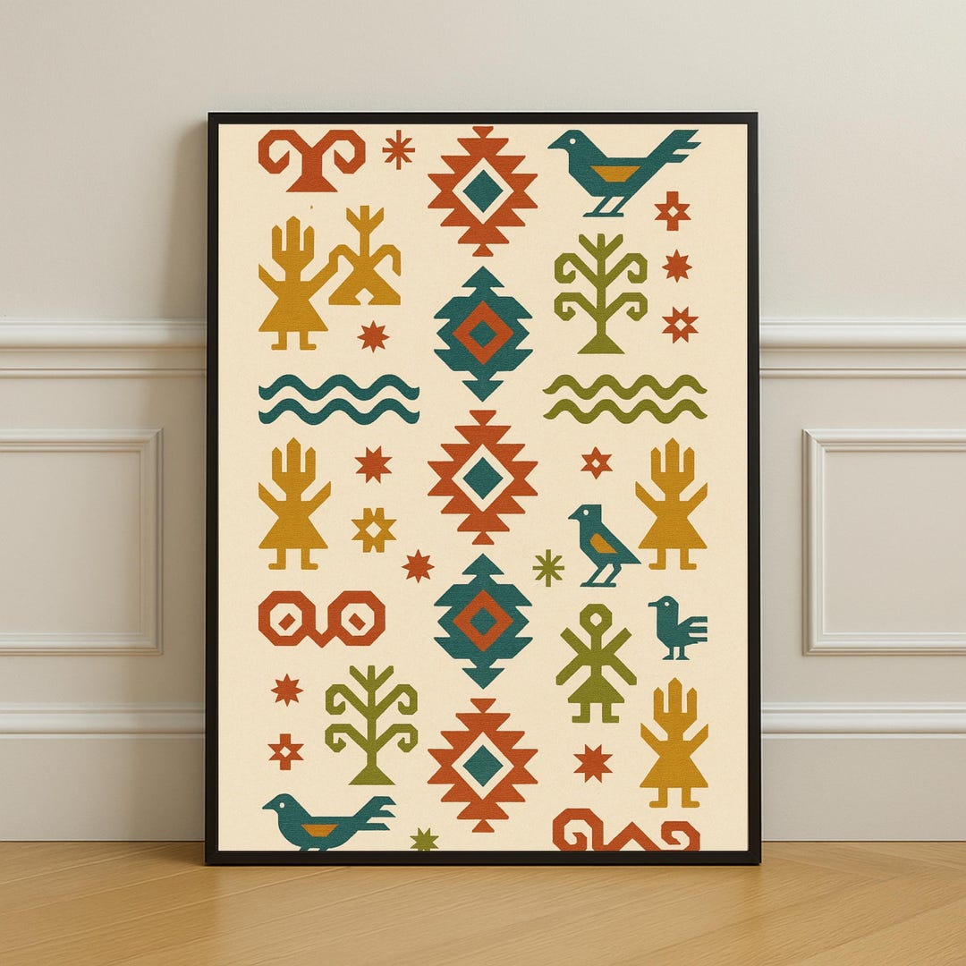 Turkish Kilim Poster – Tribal Bird Motifs, Elibelinde Figures, Star ...