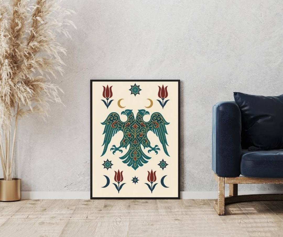 Turkish Seljuk Double-headed Eagle Wall Art – Ottoman Kilim Motif ...