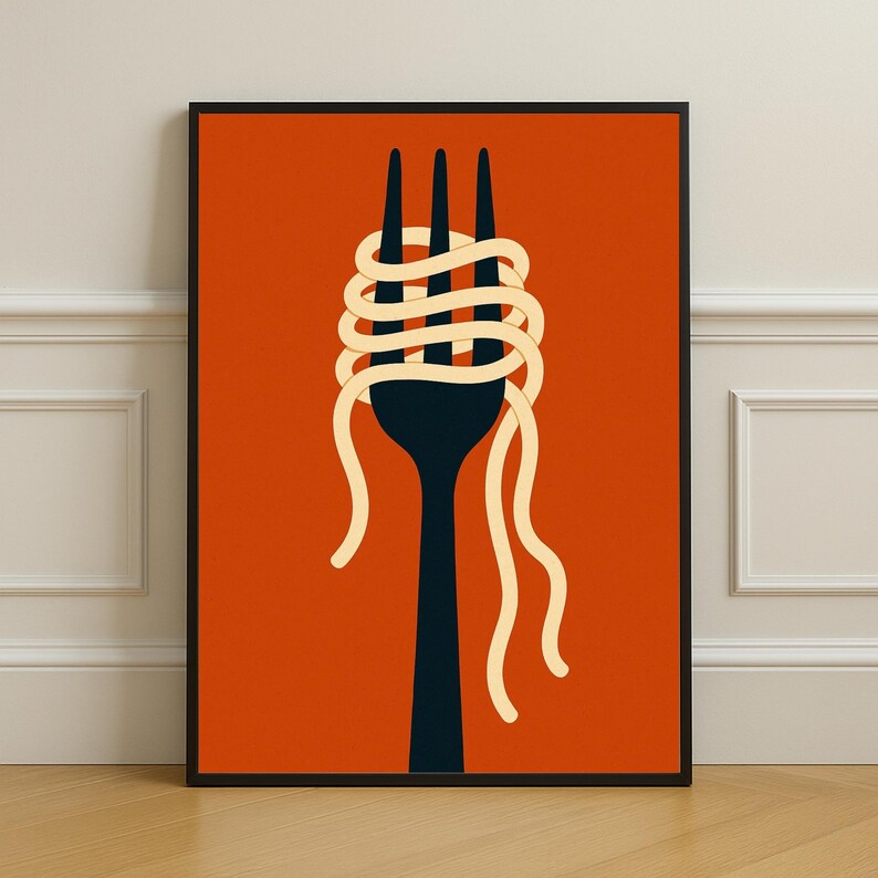Modern Minimal Pasta Poster – Abstract Fork and Noodles Wall Art for ...