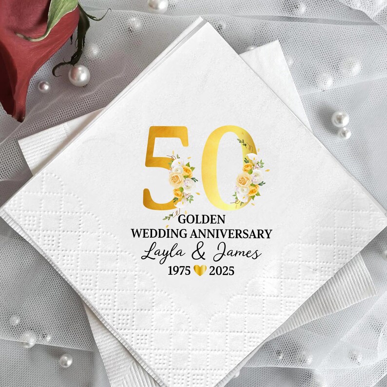 Personalized 50th Anniversary Napkins - Golden Floral, Custom Names - Etsy