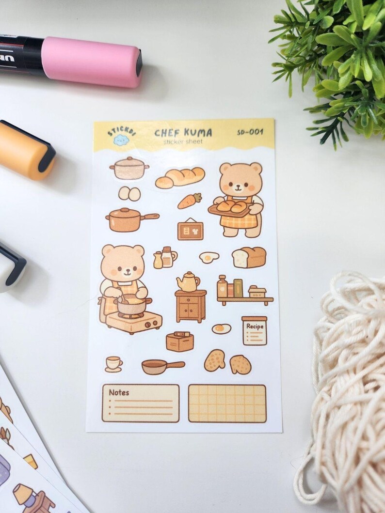 Chef Kuma Sticker Sheet | Cute Bear Planner Stickers | Waterproof ...