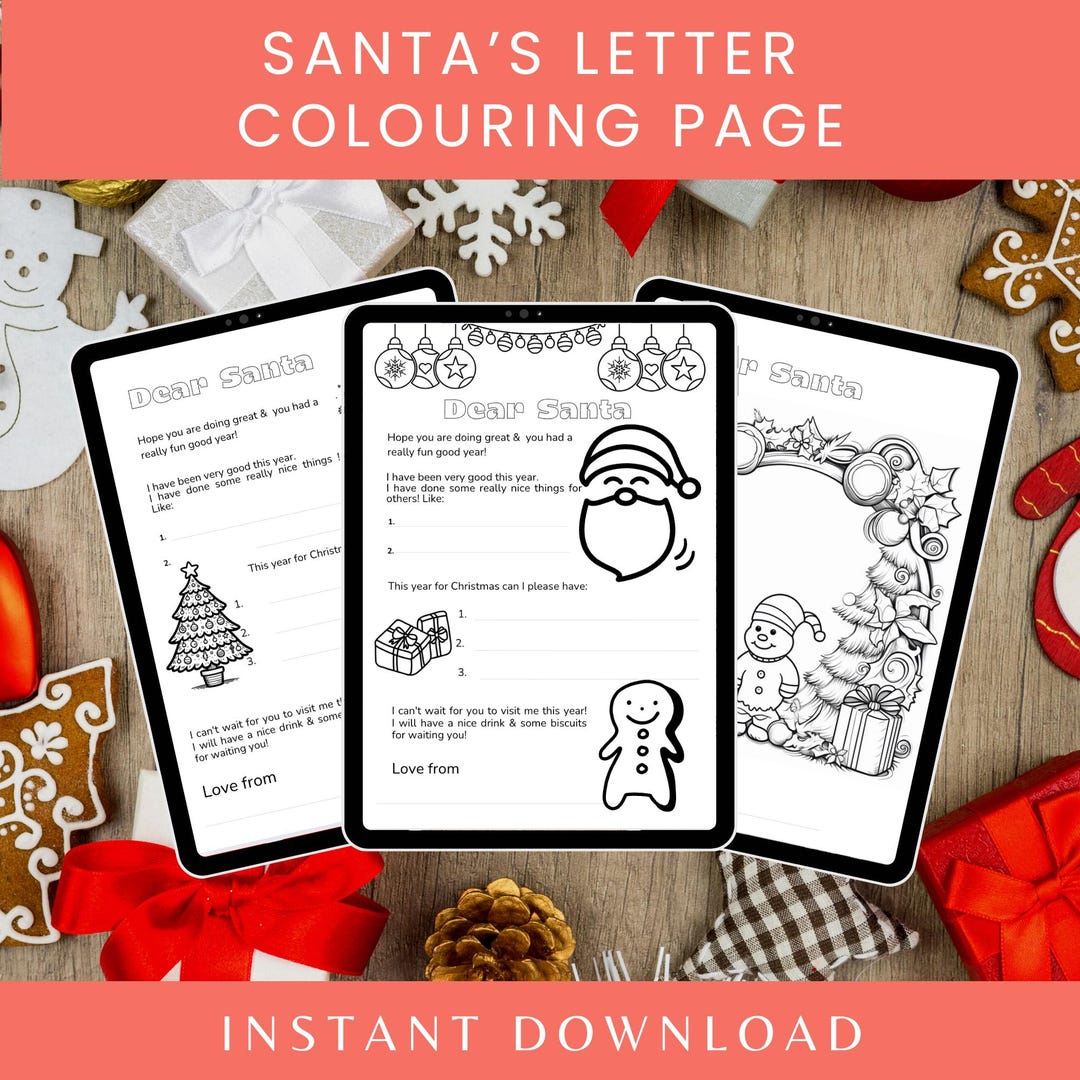 Santa Letter Coloring Page, Printable Christmas Wish List, Kids Holiday ...