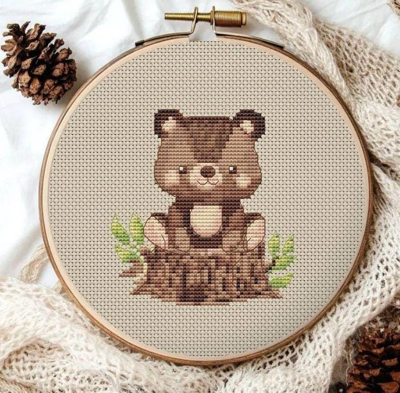 Cute Little Bear on a Stump Cross Stitch Pattern. Teddy Bear Digital ...
