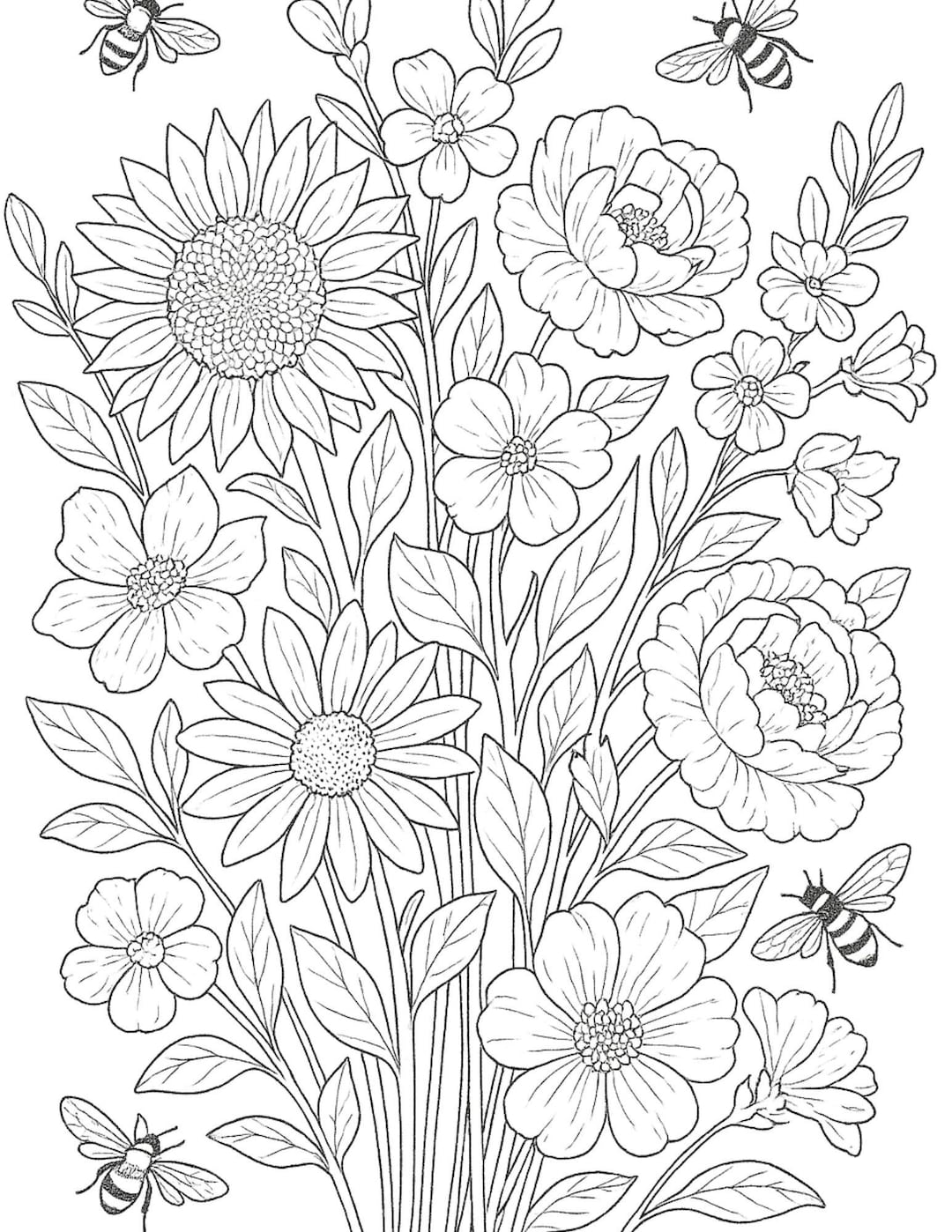 Flower and Bee Coloring Page – Printable Adult Line Art for Stress ...