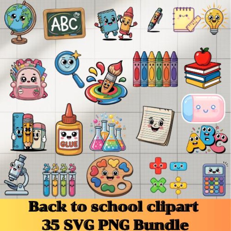 Back to School Clipart PNG Bundle - Cute Kawaii School Supplies ...