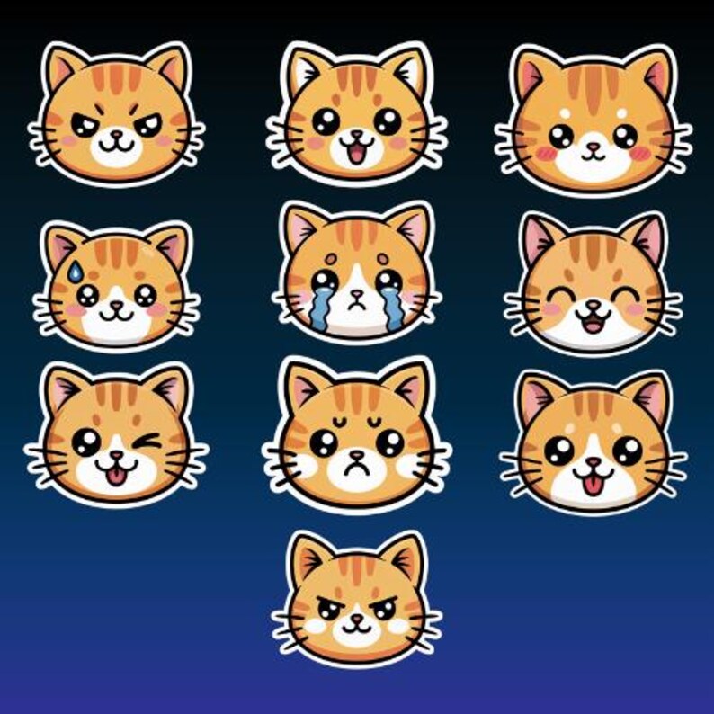 20 Cat Mood Stickers PNG Bundle | Kawaii Cartoon Cat Faces | 4096x4096 ...