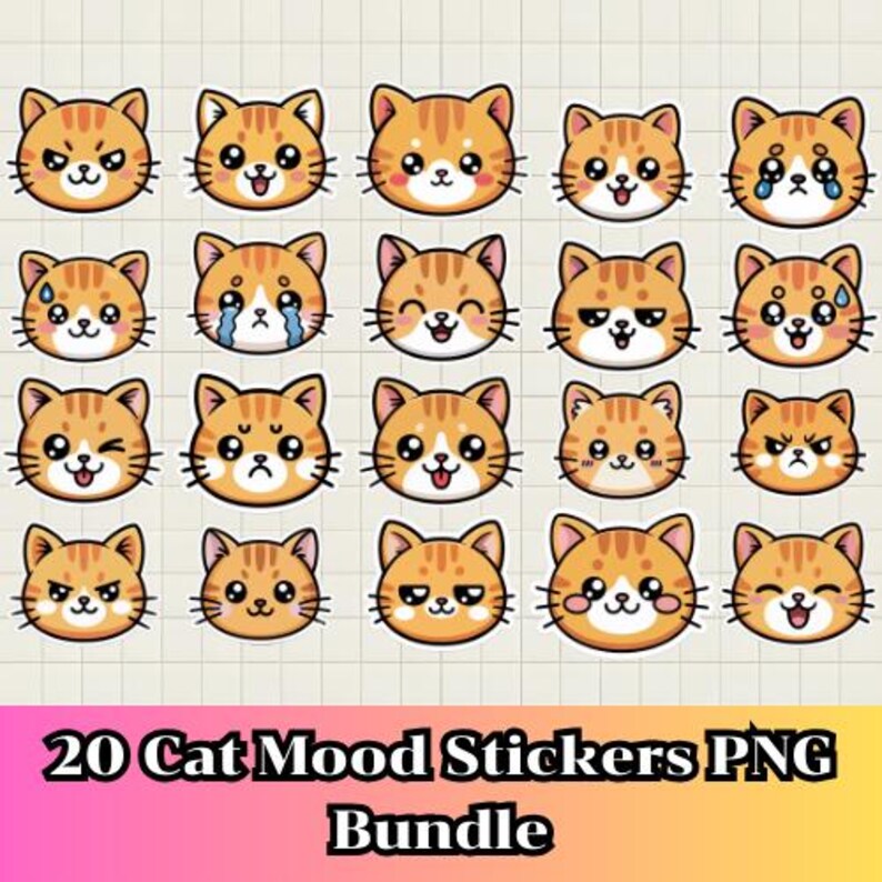 20 Cat Mood Stickers PNG Bundle | Kawaii Cartoon Cat Faces | 4096x4096 ...