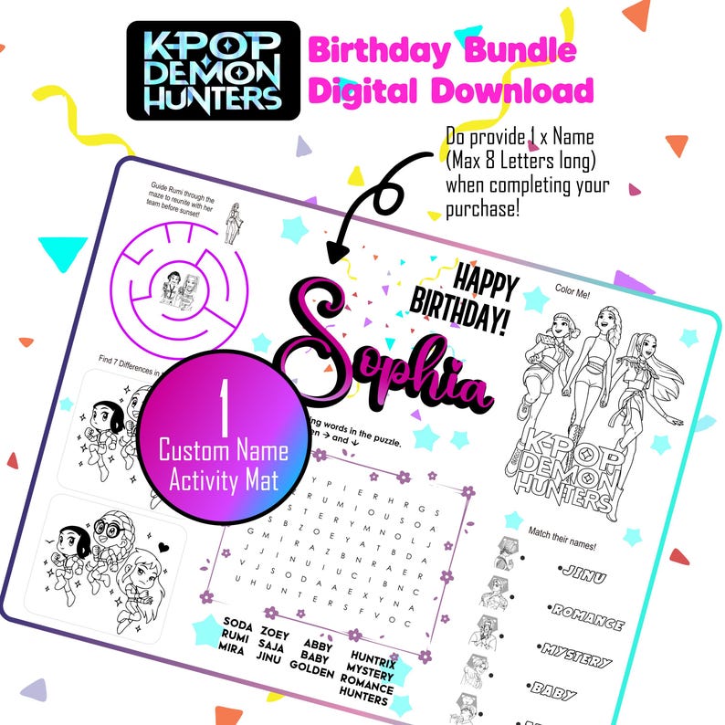 Kpop Demon Hunters Birthday Activity Mat | Custom Name (digital ...