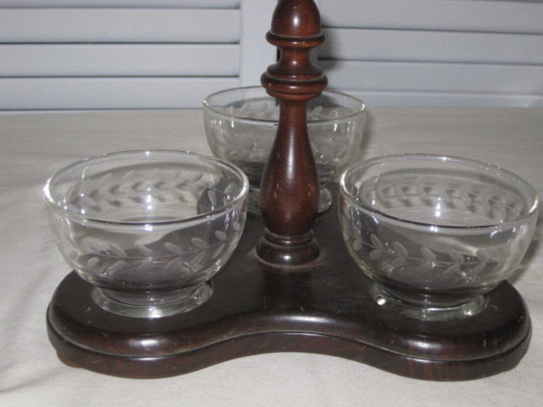 Vintage Wood and Etched Glass Condiment Server or Repurposed Desk Caddy ...