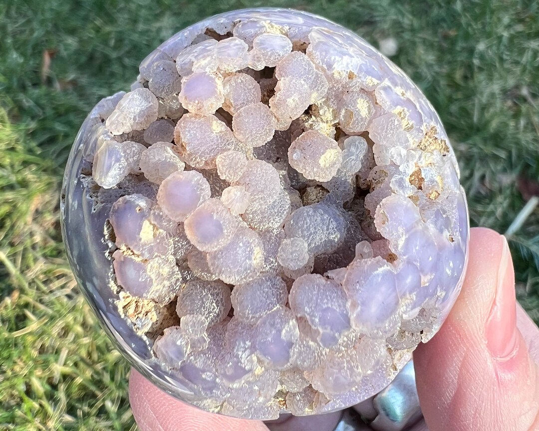 2" Sparkly Grape Agate Sphere, Polished Grape Agate, Semi-polished Purple and Green Botryoidal ...