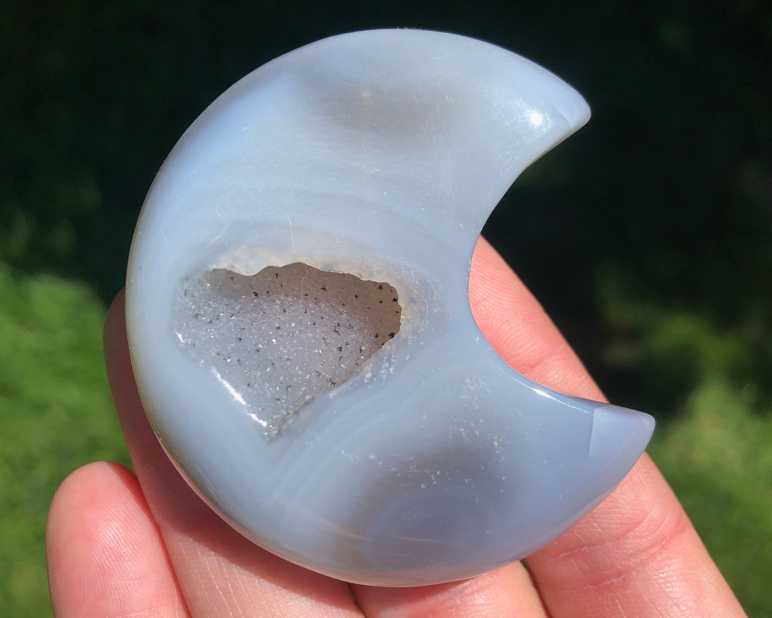 Agate Moon With Druzy Quartz Pocket Banded Gray Agate Crescent | Etsy