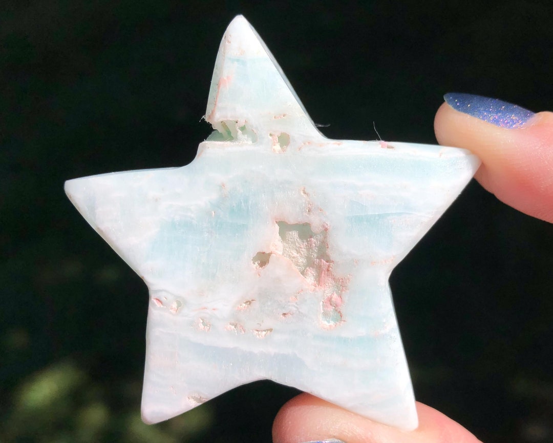2.4" Caribbean Calcite Star #7 Crystal Carving, Aqua Blue Banded ...