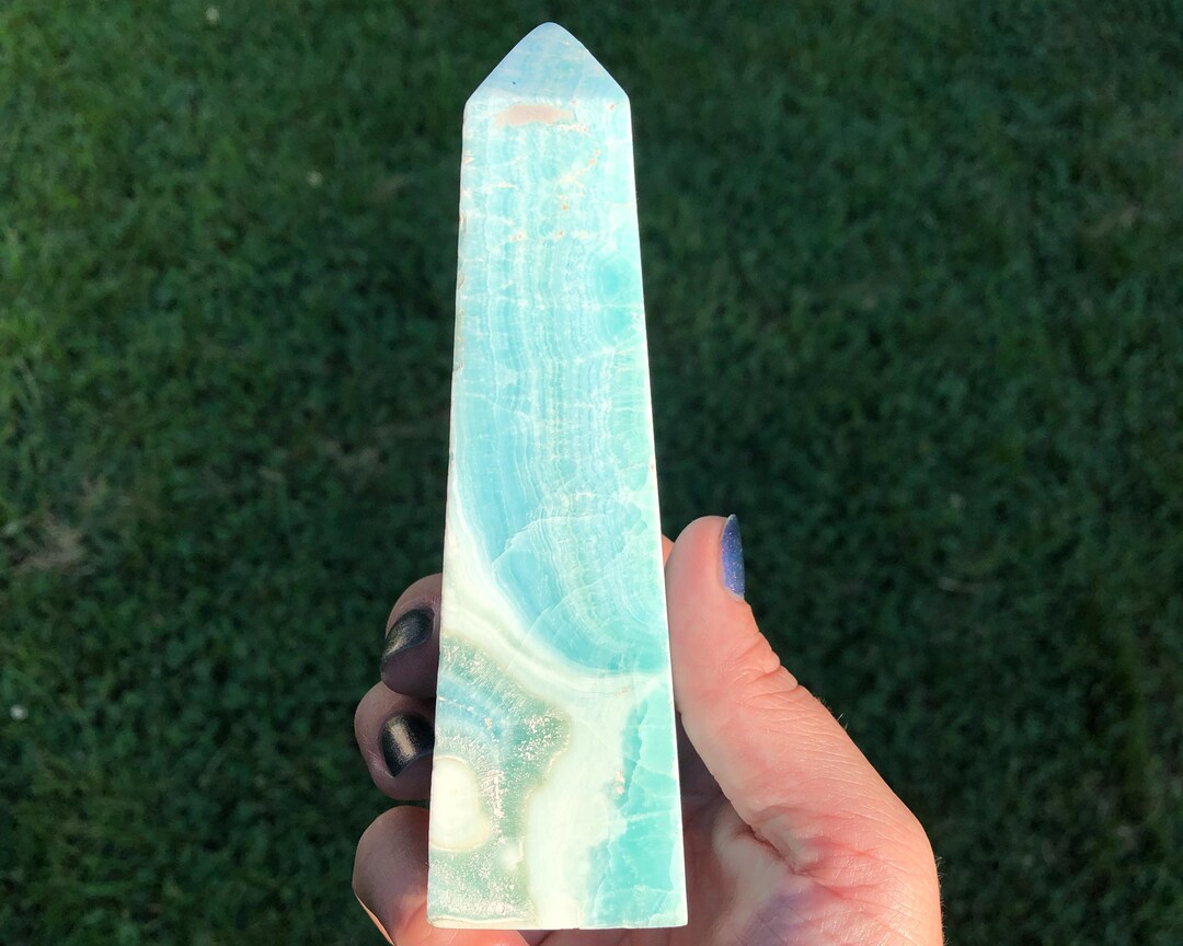 Blue Aragonite Crystal Tower: Banded Polished Point, Sparkly Druzy (5.2 ...