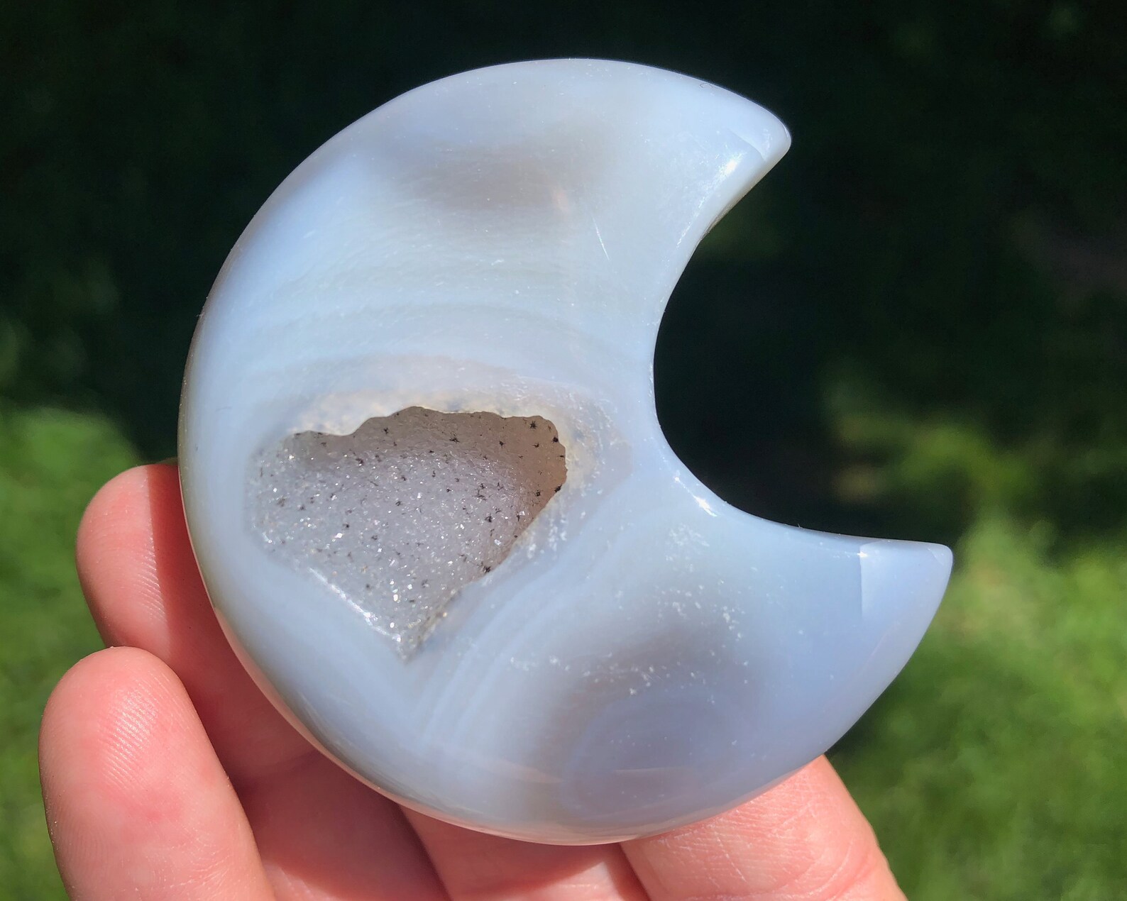Agate Moon With Druzy Quartz Pocket Banded Gray Agate Crescent | Etsy