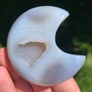 Agate Moon With Druzy Quartz Pocket Banded Gray Agate Crescent Moon ...