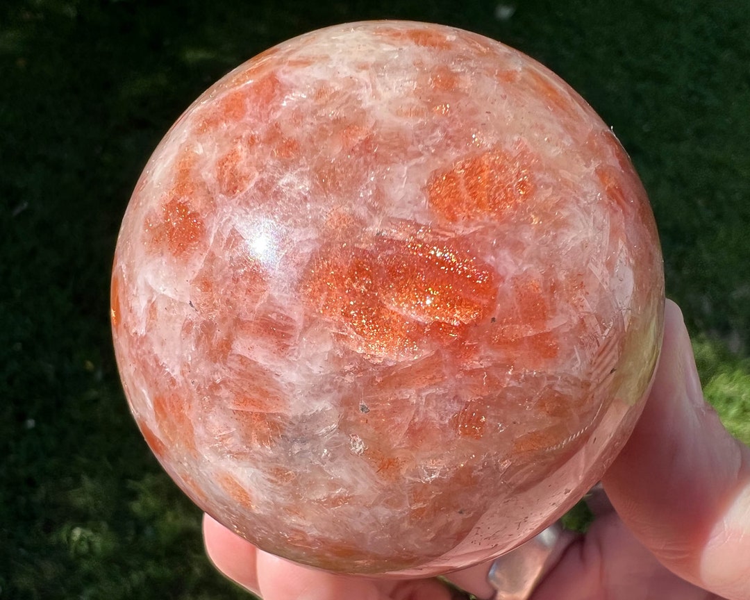 2.5" Confetti Sunstone Sphere With Blue Flash, Sunstone Moonstone, Sparkly Crystal Ball, Home ...