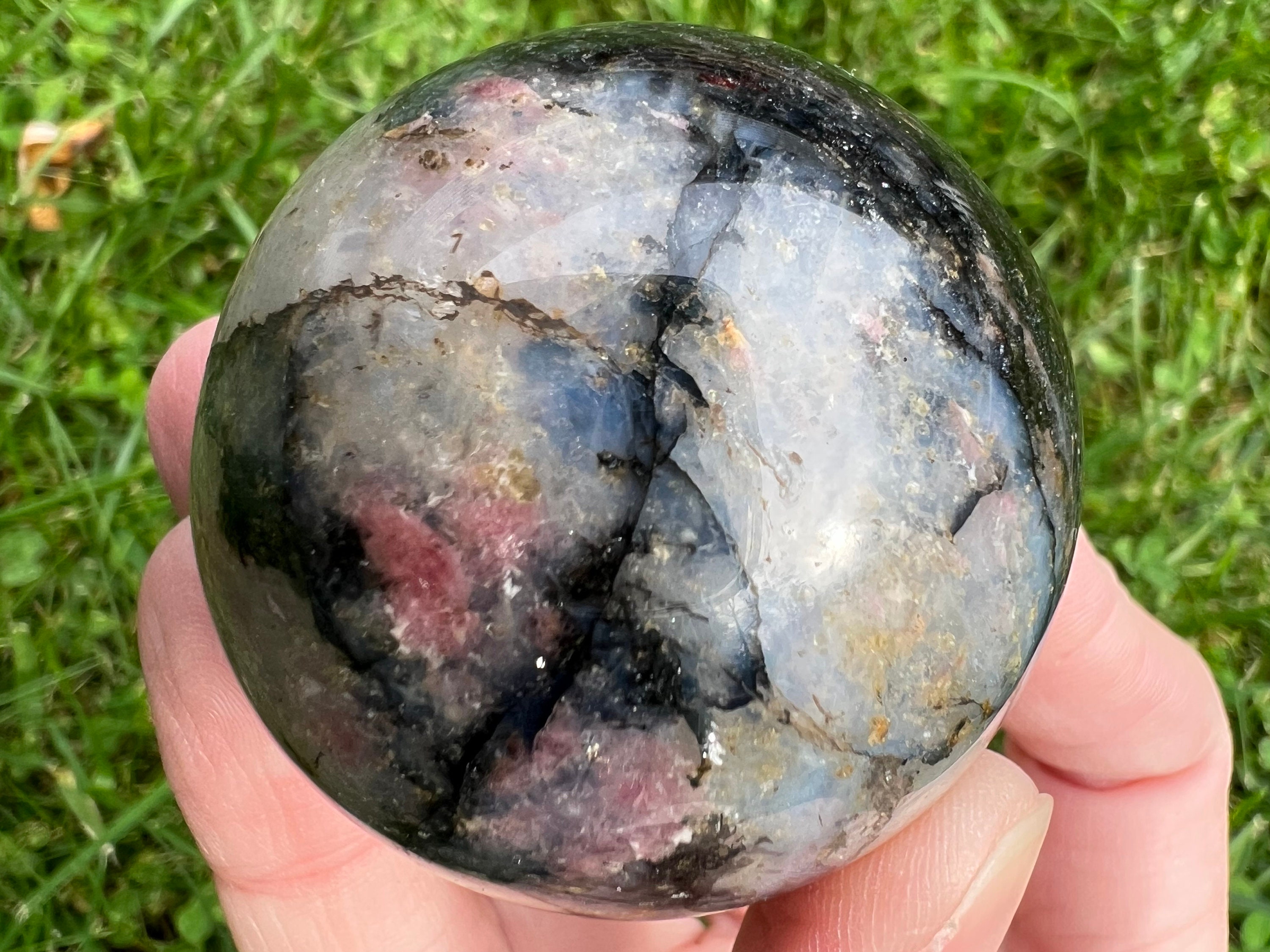 2" Gemmy Cherry Blossom Rhodonite Sphere With Blue Flash #5 Crystal ...