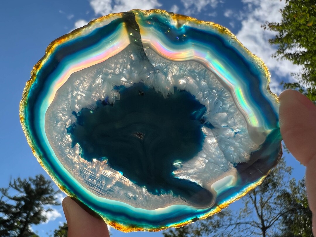 Rare Iris Agate Slice With Natural Rainbow Flash From Brazil, Blue Dyed ...