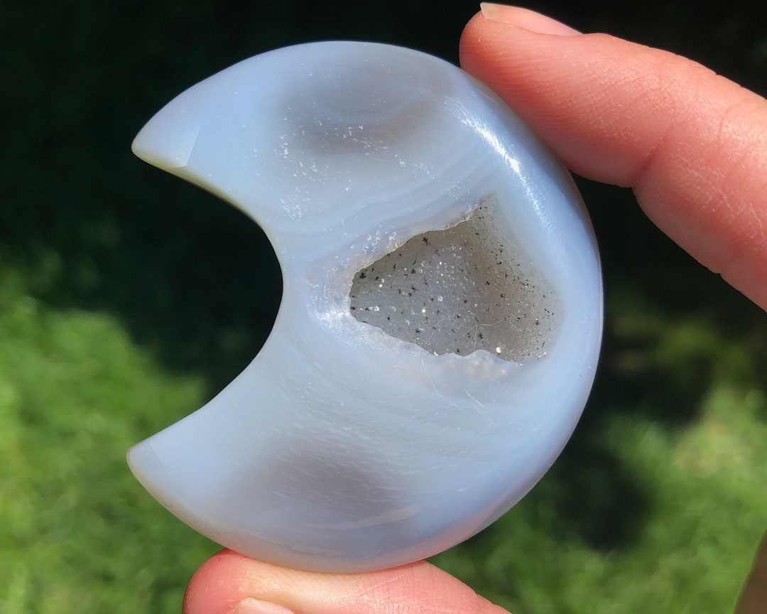 Agate Moon With Druzy Quartz Pocket Banded Gray Agate Crescent Moon ...